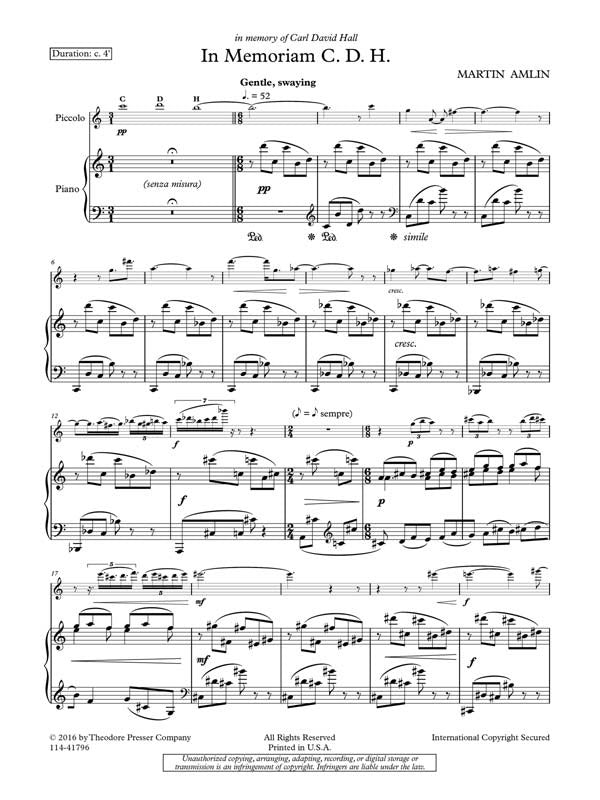 Amlin, Martin - In Memoriam C.D.H. For Piccolo And Piano – Syrinx Music